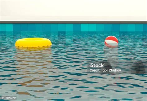 수영 서클과 팽창식 볼 노란색 벽과 바닥 타일 청록색 색상과 사실적인 물이있는 수영장 3d 렌더링 그림 고급 호텔에 대한 스톡