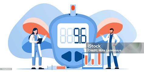 의학 당뇨병 유형 2 개념 설탕 수준을 측정하기위한 글루컴터 혈액 포도 당 미터 알 약 주사기와 유리병 인슐린 생산 실험실 테스트 장비와 의사 벡터 배너 템플릿 건강관리와