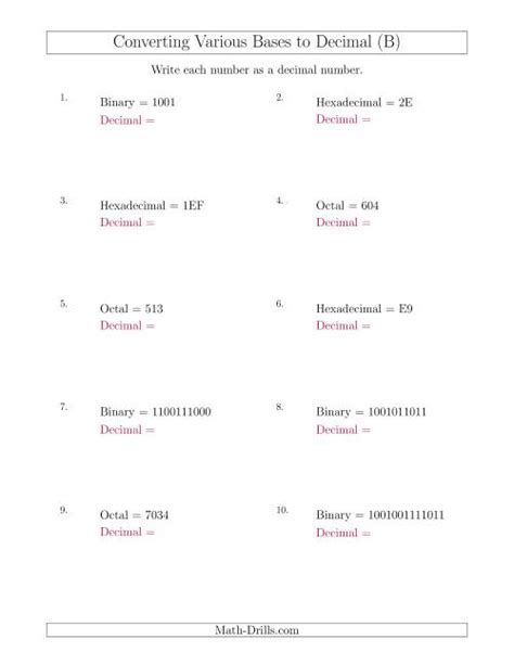 converting various base number systems to decimal numbers b