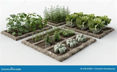 A Square Garden Plot With Four Different Types Of Plants Growing In Raised Beds Stock