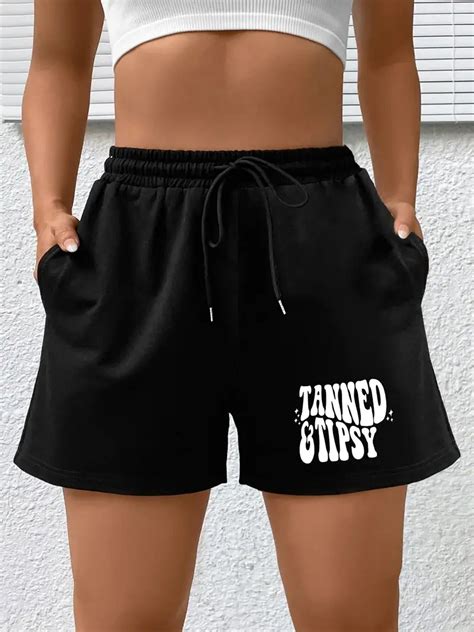 Letter Print Drawstring Shorts Plus Size Casual Shorts Temu New Zealand