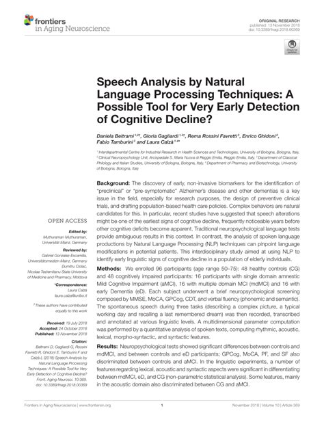PDF Speech Analysis By Natural Language Processing Techniques A Possible Tool For Very Early
