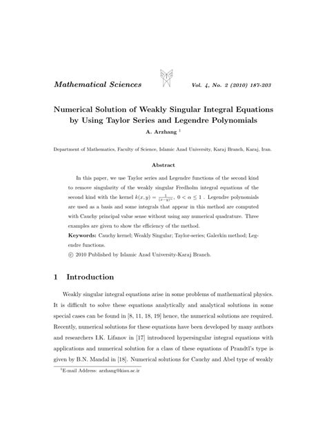 Pdf Numerical Solution Of Weakly Singular Integral Equations By Using Taylor Series And