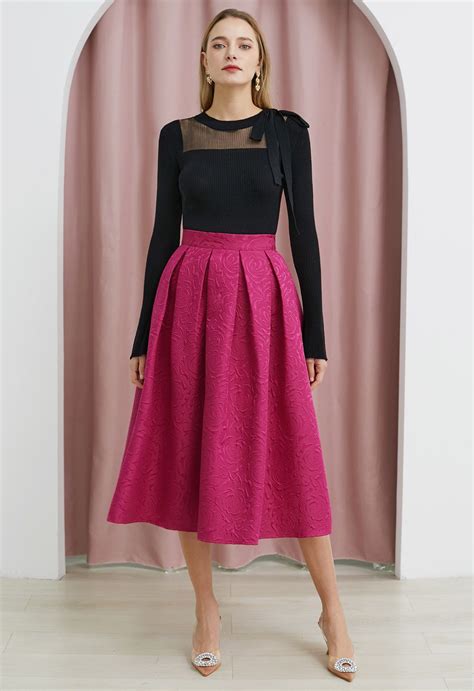Embossed Floral Pleated Flare Midi Skirt In Hot Pink Retro Indie And