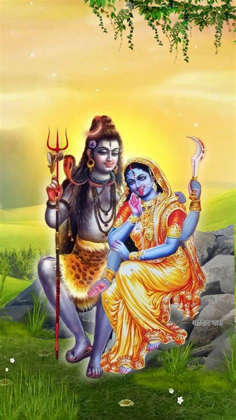 The Hindu God And His Wife Sitting On Rocks In Front Of A Tree With Flowers