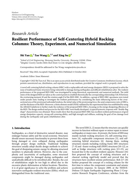 Pdf Resilient Performance Of Self Centering Hybrid Rocking Columns