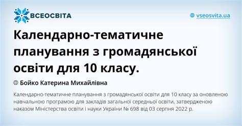 Календарно тематичне планування з громадянської освіти для 10 класу Інші методичні матеріали