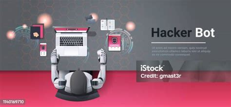 로봇 해킹 디지털 장치 컴퓨터 해커 봇 개념 데이터 개인 정보 보호 공격 인터넷 정보 보안 인공 지능 최고 각도 데스크탑