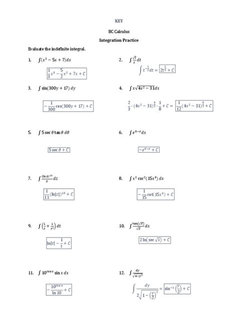 Integration Quiz Practice Key Pdf Mathematical Analysis Calculus
