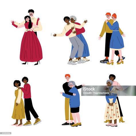 행복한 사람들이 포옹하고 있다 다양한 연령과 국적의 남성과 여성이 만화 벡터 일러스트레이션을 껴안고 있다 남성에 대한 스톡 벡터