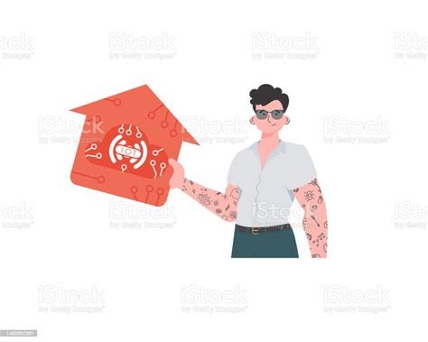 Iot 개념 남자는 허리에 표시됩니다 한 남자가 손에 집의 아이콘을 쥐고 있습니다 흰색 배경에 고립되어 있습니다 플랫 스타일의 벡터 일러스트레이션입니다 감시에 대한 스톡
