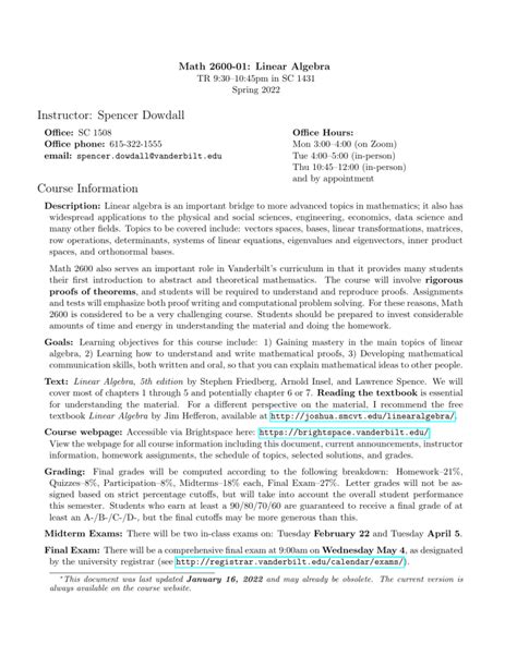 Linear Algebra Syllabus Vanderbilt University Spring 2022