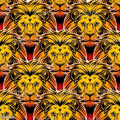Lion Face Seamless Pattern Vector Art Image Lion Head Repeating Tile