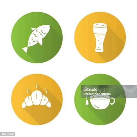 스낵 플랫 디자인 긴 그림자 문 고 아이콘 세트와 함께 음료 물고기 맥주 유리 크루아상 핫 티 벡터 실루엣 일러스트 전채와 유해하고 건강한 음료 맛있는 음식 Ale에 대한