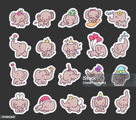 귀여운 귀여운 코끼리 스티커 책갈피 만화 재미있는 캐릭터 손으로 그린 스타일입니다 벡터 그리기 디자인 요소 모음 가공의 인물에 대한 스톡 벡터 아트 및 기타 이미지 Istock