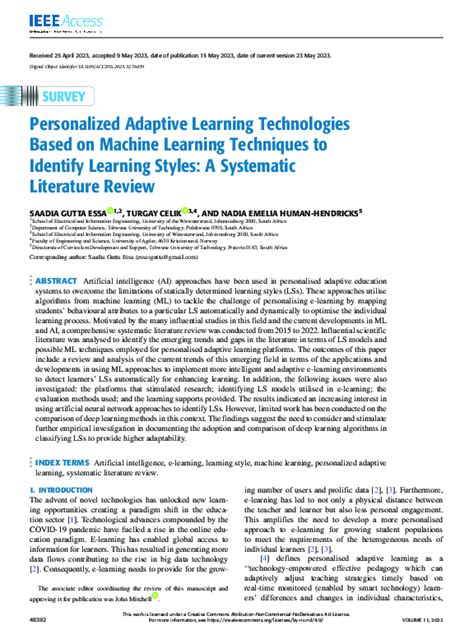Pdf Personalized Adaptive Learning Technologies Based On Machine Learning Techniques To