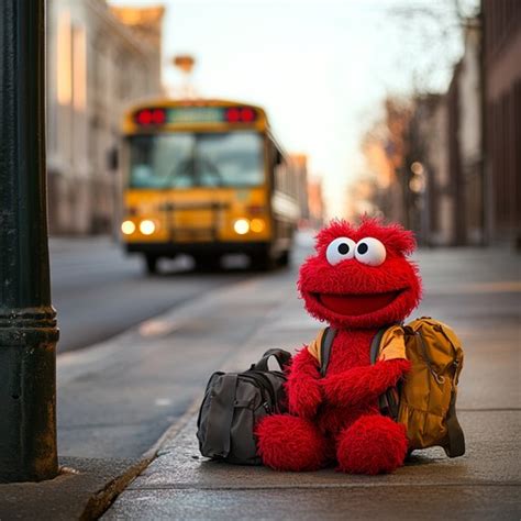 Free Elmo Waits Bus Image Sidewalk Bus Backpack Download At Stockcake