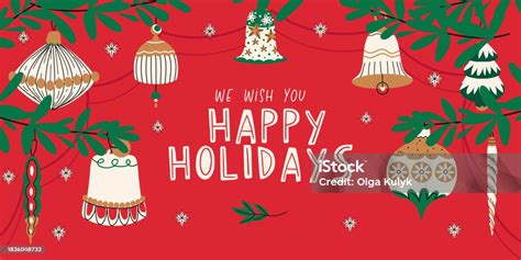 크리스마스 트리와 종을 가진 손 레터링 텍스트 배너를 해피 홀리데이 겨울 휴일 빨간 배경 인사말 카드 표지 프레임 및 인쇄