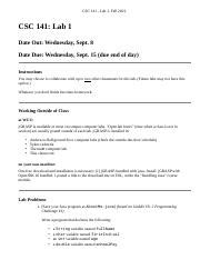 Lab 1 Html CSC 141 Lab 1 Fall 2021 CSC 141 Lab 1 Date Out Wednesday Sept 8 Date Due