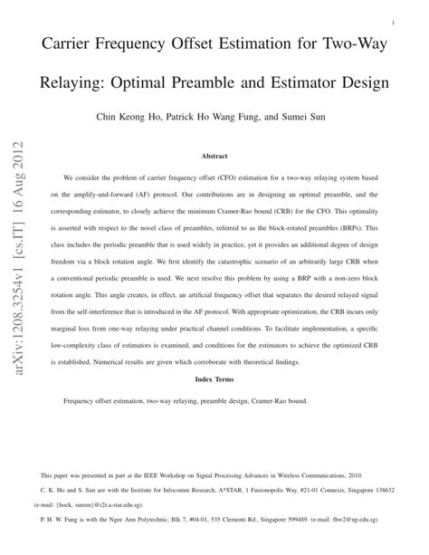 Pdf Carrier Frequency Offset Estimation For Two Way Relaying Optimal