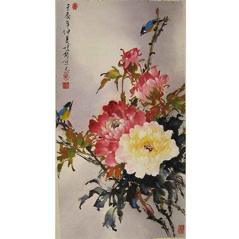 手繪水墨花鳥圖原作 花開富貴牡丹翠鳥畫 牡丹圖 原作掛畫 Yahoo奇摩購物中心