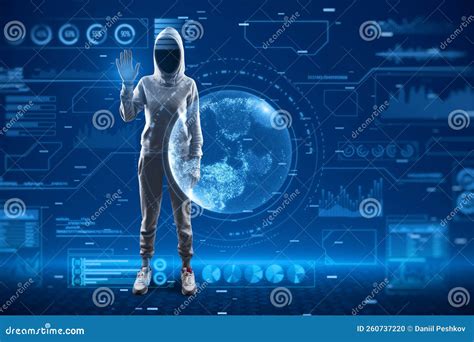 hacker in hoodie using abstract glowing digital business interface with globe and various other