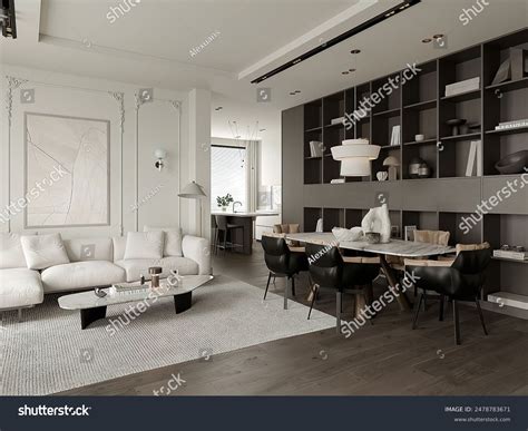 주방과 다이닝룸이 있는 거실의 현대적인 베이지 스톡 일러스트 2478783671 Shutterstock