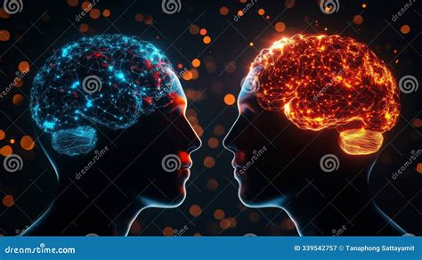 Two Human Heads With Glowing Brains One Blue And One Red Face Each Other Representing Different