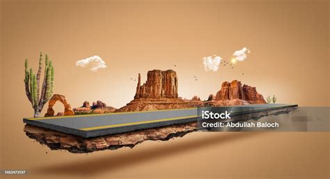 애리조나 사막 도로의 3d 그림입니다 일출의 사막 열대 땅 오프로드 고립 모뉴먼트 밸리 로드가 고립되었습니다 선인장 나무로