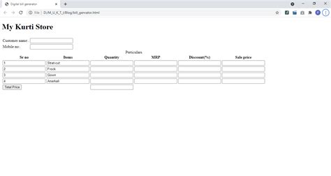 generate bill using html css and javascript