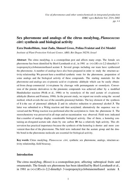 Pdf Sex Pheromone And Analogs Of The Citrus Mealybug Planococcus Citri Synthesis And