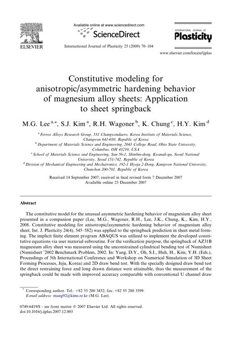 Pdf Constitutive Modeling For Anisotropic Asymmetric Hardening Behavior Of Magnesium Alloy