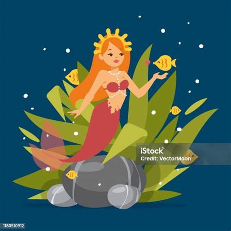 เจ้าหญิงนางเงือกน่ารักที่มีผมสีแดงและอื่น ๆ ภายใต้องค์ประกอบทะเลเช่นปลาสาหร่ายหินและเป ภาพประกอบ