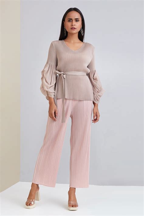 Buy Scarlet Sage Beige Polyester Skylar Pleated V Neck Top Online Aza Fashions