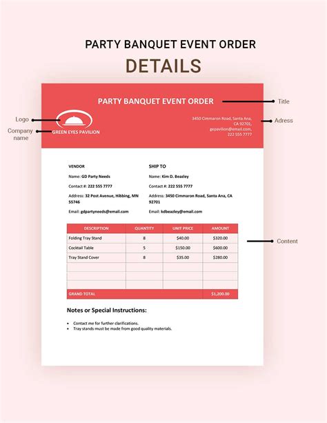 Party Banquet Event Order Template In Word Google Docs Pages