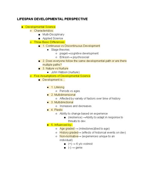 Lifespan Development Psychology EXAM Notes LIFESPAN DEVELOPMENTAL PERSPECTIVE Developmental