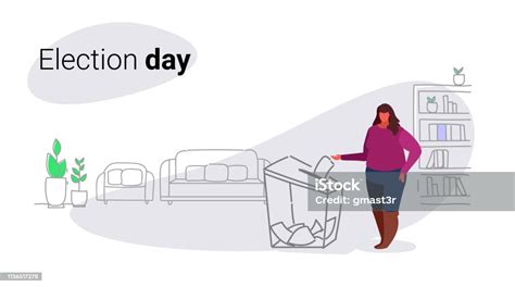 선거 일 개념 뚱뚱한 뚱뚱한 여자 유권자 투표 하는 동안 상자에 종이 투표 지 목록을 넣어 지방 여성 캐릭터 전체 길이 스케치 낙서 수평 Referendum에 대한 스톡