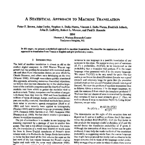 A Statistical Approach To Machine Translation Acl Anthology