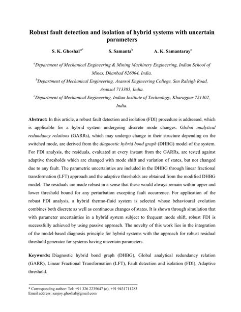 Pdf Robust Fault Detection And Isolation Of Hybrid Systems With Uncertain Parameters