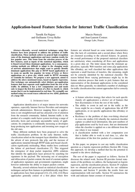pdf application based feature selection for internet traffic