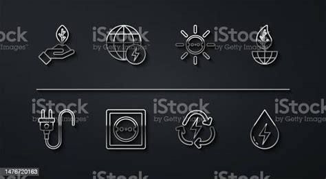 세트 라인 플랜트 전기 플러그 지구 지구 잎 재활용 배터리 전기 콘센트 글로벌 에너지 전원 행성 물 및 태양 전지 패널 아이콘 벡터 검은색에 대한 스톡 벡터 아트 및 기타