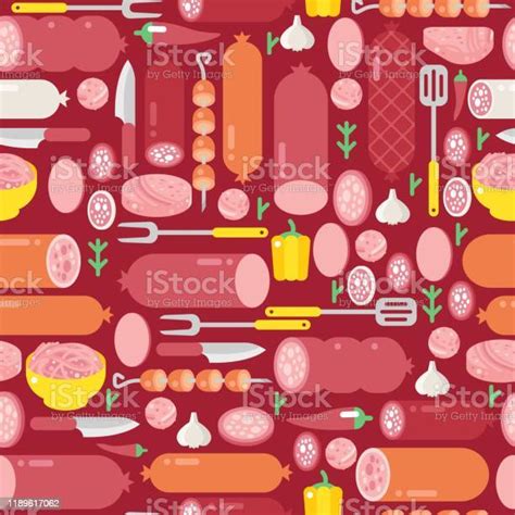 고기와 소시지 원활한 패턴 벡터 일러스트레이션 고립 된 평면 스타일의 식품 아이콘 정육점 포장지 육류 제품 포장 식료품점 배경 마늘에 대한 스톡 벡터 아트 및 기타 이미지
