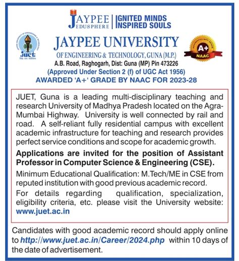 Jaypee University Of Engineering And Technology Guna Wanted Assistant Professors Facultytub