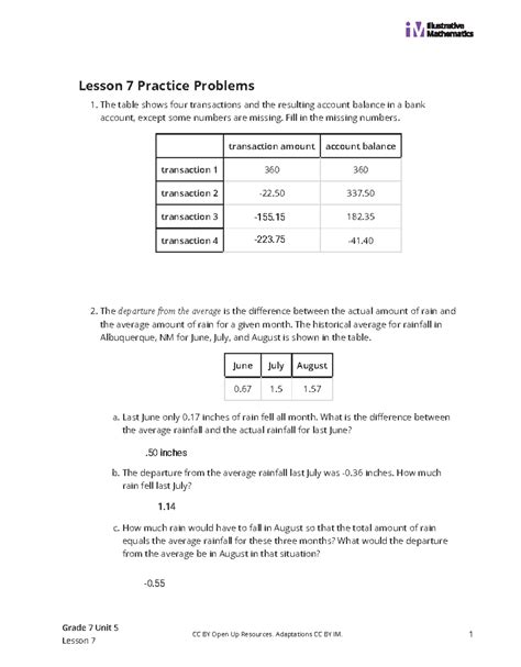 Grade 7 5 7 Lesson Curated Practice Problem Set Lesson 7 Practice Problems The Table Shows