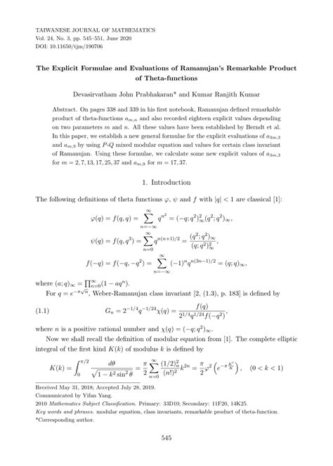Pdf The Explicit Formulae And Evaluations Of Ramanujans Remarkable Product Of Theta Functions