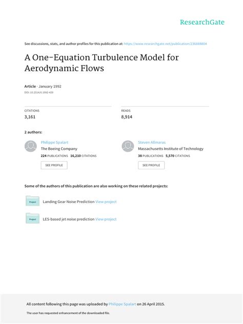A One Equation Turbulence Model For Aerodynamic Flows By Spalart And Allmaras Pdf
