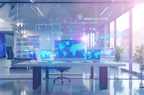 Global Network Visualization Modern Office Workspace Displays Data Streams Connecting