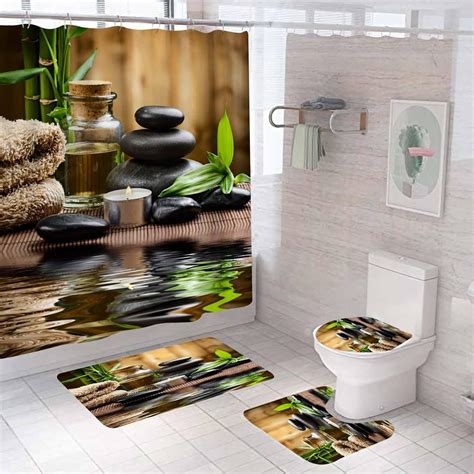 4pcs Zen Spa Shower Curtain Sets With Rugs Waterproof Fabric Blue