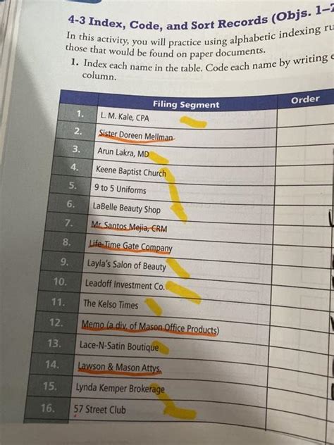 Index Each Name In The Table By Order Number Code