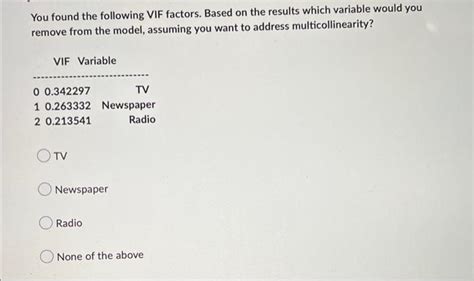 Solved You Found The Following Vif Factors Based On The